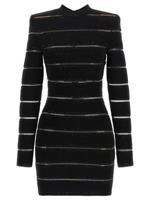 Balmain Bodycon Mini Dress With Sequin Appliqué And Mesh Inserts - Black