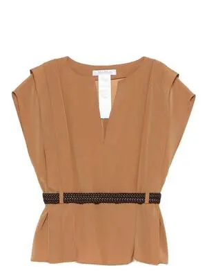 Max Mara Sleeveless V-neck Blouse With Belt - Cream
