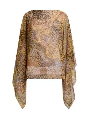 Etro Silk Poncho Top With Paisley And Animal Print - Multicolor