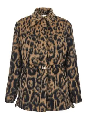 Fendi Leopard Motif Wool Blend Coat With Ff Buckled Belt - Multicolor