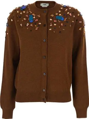 Fendi Wool And Cashmere Crewneck Cardigan With Rhinestone Embroidery - Multicolor