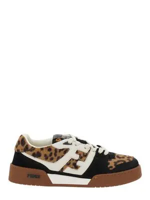 Fendi Low Top Sneakers With Ff Application And Leopard Motif In Mixed Leather - Multicolor
