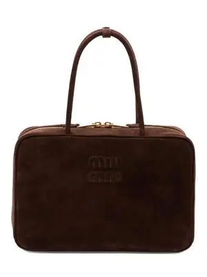 Miu Miu Suede Top Handle Bag With Embossed Logo - Brown