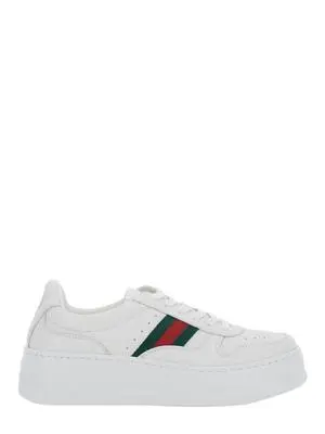 Gucci White Leather Sneakers With Web Detail And Oversized Sole - Multicolor