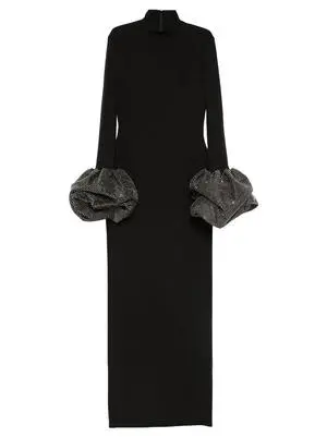 Solace London High Neck Embellished Sleeve Evening Dress - Black