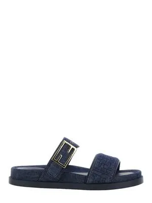 Fendi Blue Ff Jacquard Leather Sandals - Multicolor