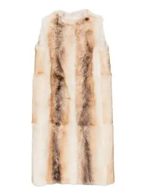 YVES SALOMON Striped Fur Long Vest - Cream