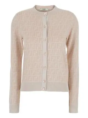 Fendi Wool Crew Neck Cardigan With All-over Ff Motif - Multicolor