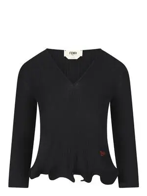 Fendi FENDI Ribbed V-Neck Top With Ruffle Hem Black
