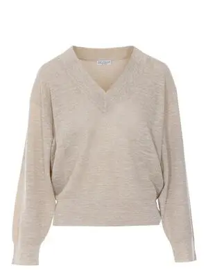 Brunello Cucinelli Brunello Cucinelli Beige V-Neck Long-Sleeve Sweater Cream