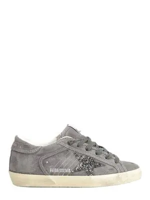 GOLDEN GOOSE GOLDEN GOOSE Super-Star Distressed Leather Sneakers With Glitter Star Appliqués Gray
