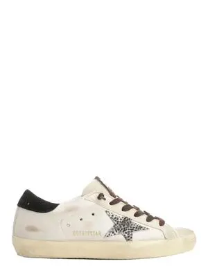 GOLDEN GOOSE Super-star Distressed Leather Sneakers With Glitter Star Appliqués - White