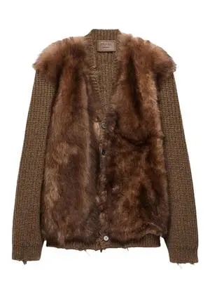 Prada Shearling Trim Ribbed Knit Cardigan - Brown