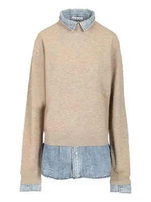 Acne Studios Layered Wool And Denim Crewneck Sweater - Cream