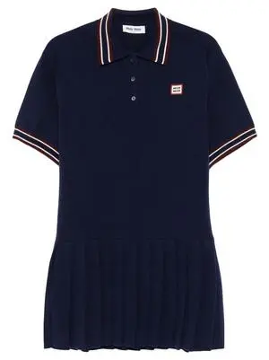 Miu Miu Navy Cashmere And Virgin Wool Pleated Polo Dress - Blue