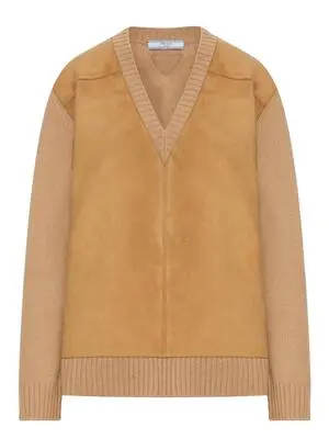 Prada PRADA Suede-Panel V-Neck Wool Sweater Multicolor