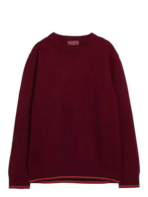 Gucci Burgundy Wool & Cashmere Crew Neck Jumper With Web Ribbon Detail - Red