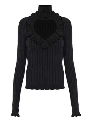 Balenciaga Ribbed Knit High Neck Long Sleeve Top With Ruffled Trim - Black