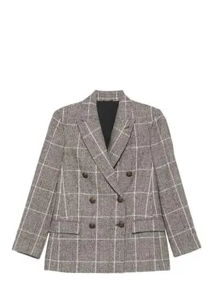 Brunello Cucinelli Alpaca Wool Prince Of Wales Double-breasted Blazer With Monili - Brown
