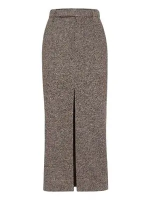 Brunello Cucinelli Wool And Silk Mélange Diagonal Sartorial Pencil Skirt With Monili - Brown