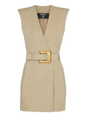 Balmain Beige Cotton Gabardine Sleeveless V-neck Dress With Anthem Buckle Belt - Cream