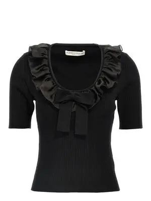 Alessandra Rich Ribbed T-shirt With Ruffle Neckline And Bow Detail - Black