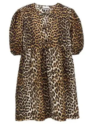 GANNI Leopard Print Cotton Poplin Dress - Multicolor
