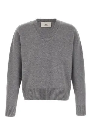 AMI Paris V-neck Wool & Cashmere Sweater With Puff Logo Patch - Gray