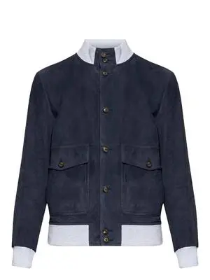 Eleventy Leather Jacket With Button Details And Ribbed Trims - Blue