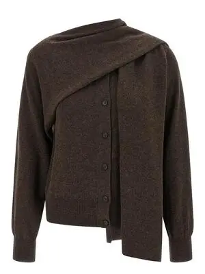 FERRAGAMO Mélange Cashmere Cardigan With Scarf Insert - Brown