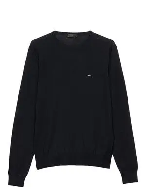Prada Superfine Wool Crew Neck Sweater With Embroidered Logo - Blue