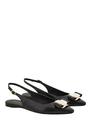 FERRAGAMO FERRAGAMO Black Leather Decorative Buckle Detail Slingback Ballet Flats Black