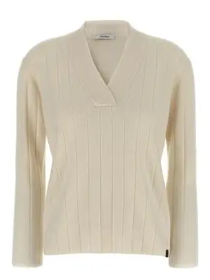 Max Mara Arten Cashmere Sweater With Crossed V-neck And Ribbed Detailing - White