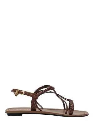 Prada Flat Leather Sandals With Enamelled Metal Triangle Logo - Brown