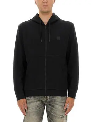 BOSS Cotton Zip-up Hoodie With Logo Detail - Black