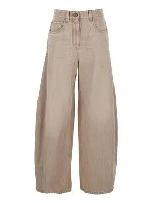 Brunello Cucinelli BRUNELLO CUCINELLI Beige Denim Balloon Fit Jeans With Back Logo Patch Multicolor