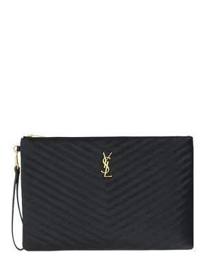 Saint Laurent Quilted Leather Pouch With Gold-tone Logo Applique - Black