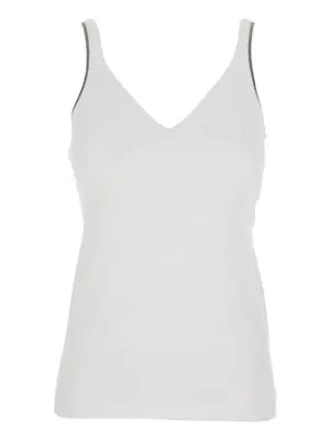 Brunello Cucinelli White Cotton V-neck Sleeveless Top With Monile Detail - Multicolor