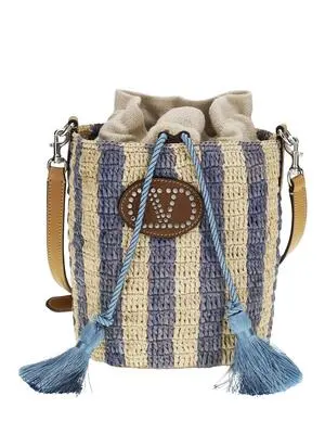 Valentino Garavani Striped Raffia Bucket Bag With Palladium-finish Hardware - Blue