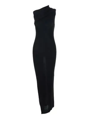 Rick Owens Asymmetric Ribbed Knit Cotton Long Dress - Black
