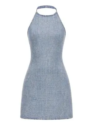 SELF-PORTRAIT Rhinestone Croc Effect Denim Mini Dress - Multicolor