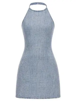 SELF-PORTRAIT Rhinestone Croc Effect Denim Mini Dress - Multicolor