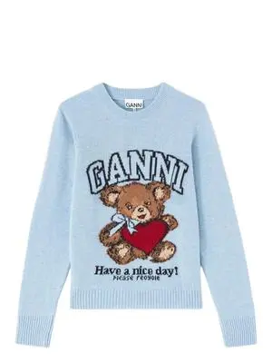 GANNI Light Blue Graphic Print Crewneck Sweater - Multicolor