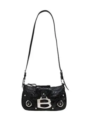 Balenciaga Calf Leather Crocodile Effect Shoulder Bag - Black