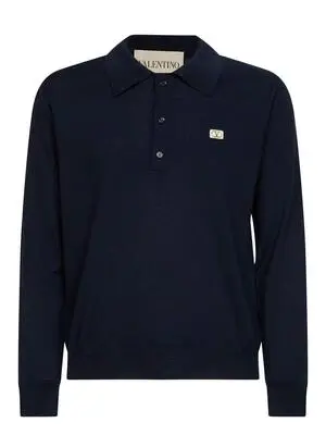 Valentino Garavani Navy Blue Wool Knit Polo Shirt With Vlogo Patch - Multicolor
