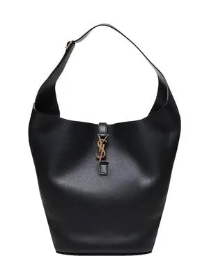 Saint Laurent Leather Tote Bag With Logo Plaque - Black