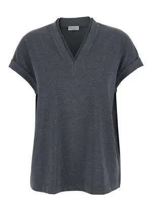Brunello Cucinelli Cotton V-neck T-shirt With Monile Detail - Gray