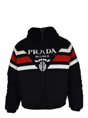 Prada Down Jacket With Hood And Logo - Black