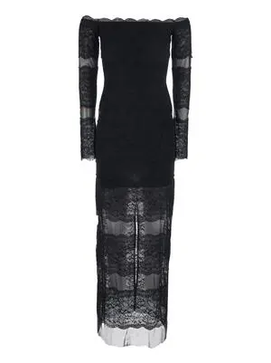 Blumarine Black Embroidered Lace Off-shoulder Dress - Multicolor