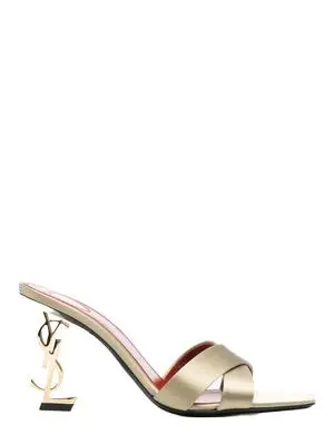 Saint Laurent Opyum Satin Sandals With Embellished Logo Heel - Multicolor